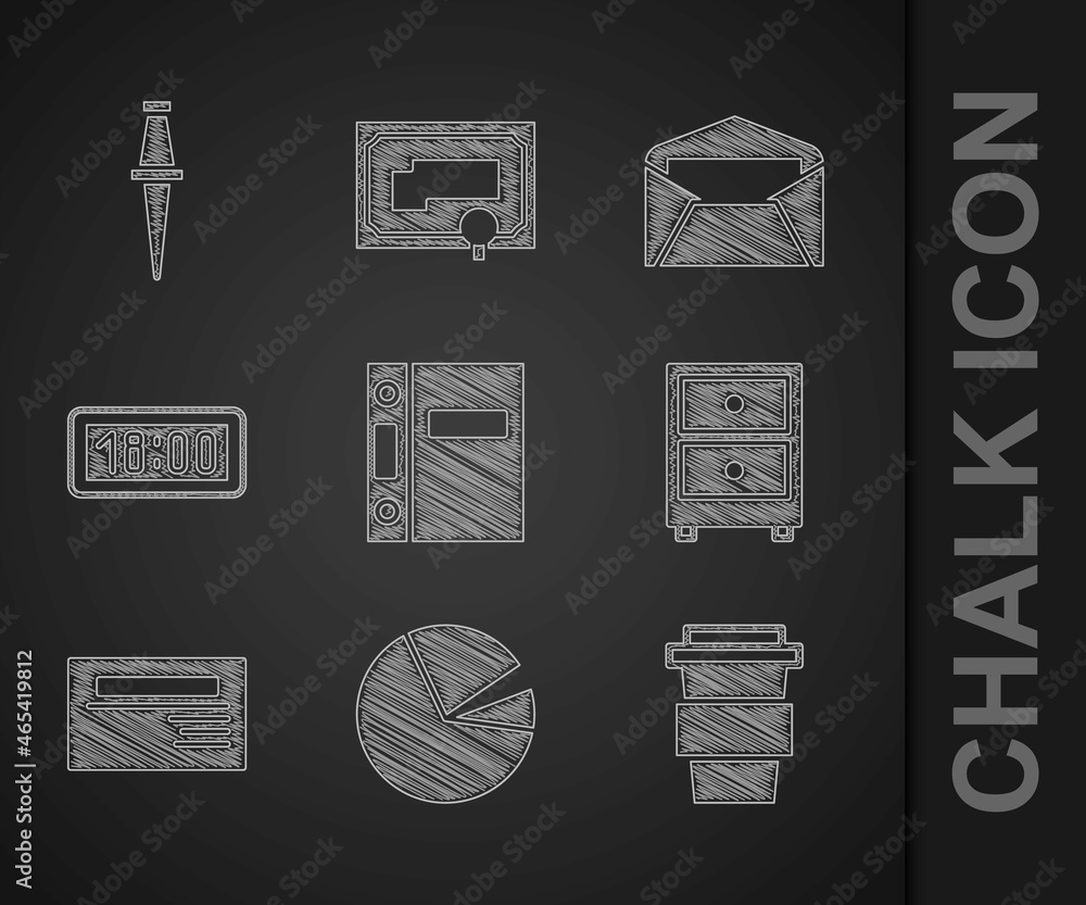 Set Office folders, Pie chart infographic, Coffee cup to go, Drawer with documents, Business ...