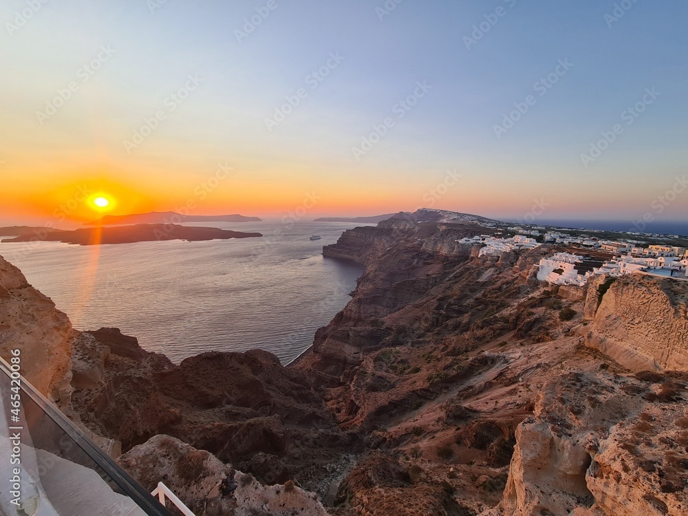 Santorini, View on kaldera and bay Sunset Stock Photo | Adobe Stock