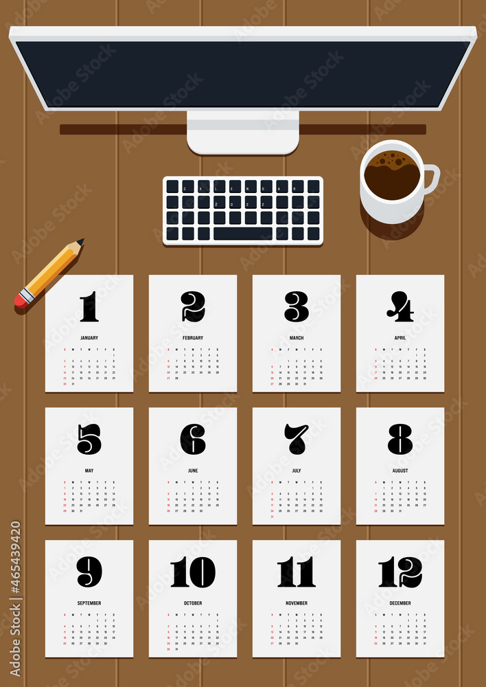 Calendar template design for 2022, printable monthly planner with top ...