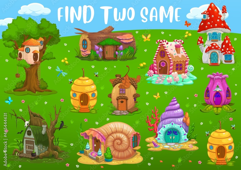 Find two same fantasy dwelling houses, kids maze game, vector tabletop ...