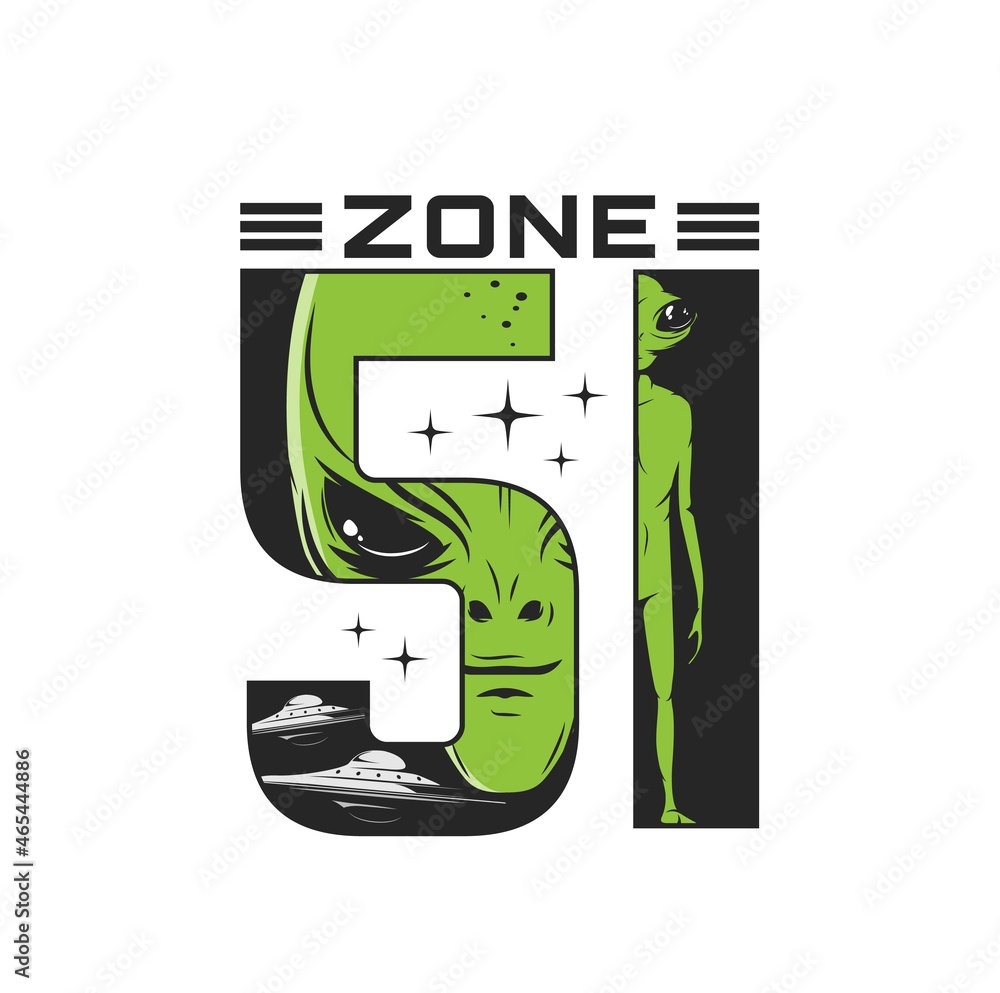 Zone 51, alien and UFO icon with green humanoid being, extraterrestrial ...
