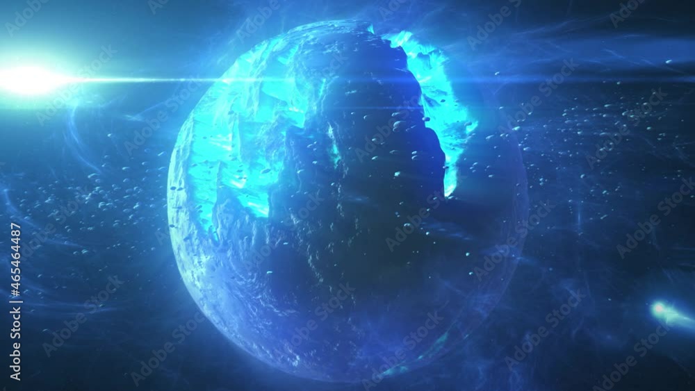 Destroyed planet in deep space with asteroids and sun flares Cinematic ...