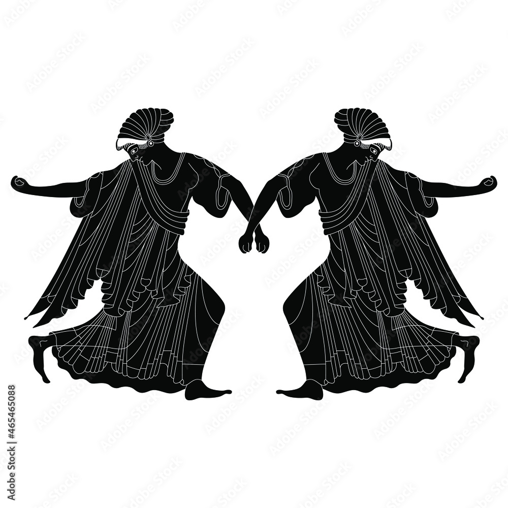 Symmetrical ethnic design with two dancing ancient Greek women in ...