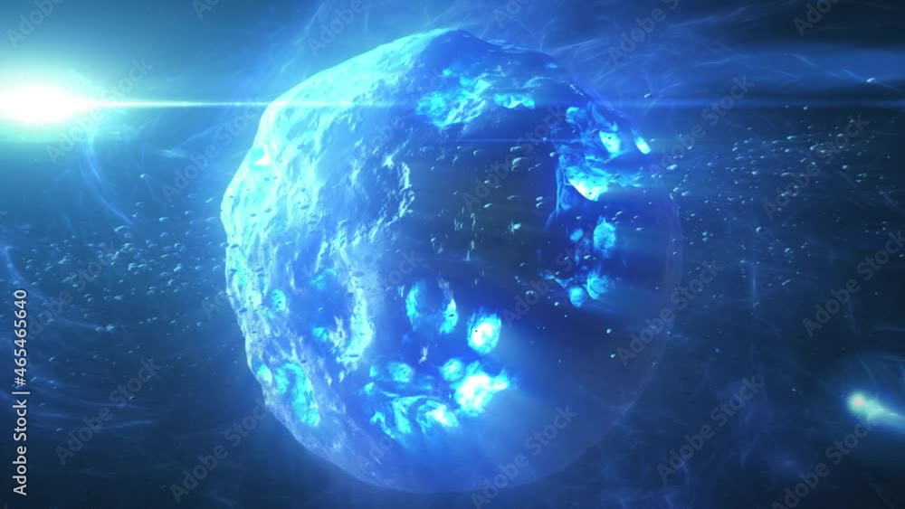 Destroyed planet in deep space with asteroids and sun flares Cinematic ...