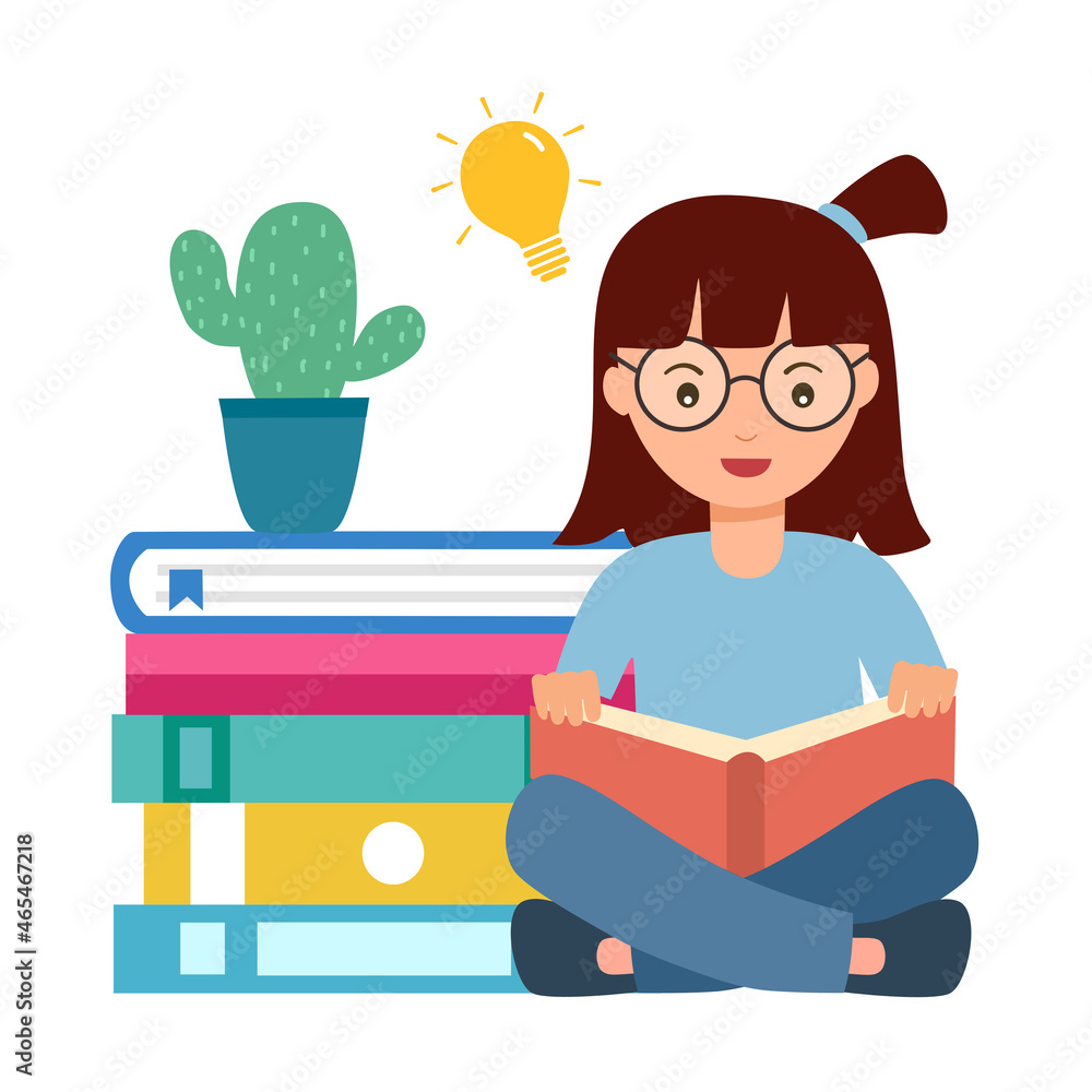 Girl child reading book with stack of books in flat design. Reading ...