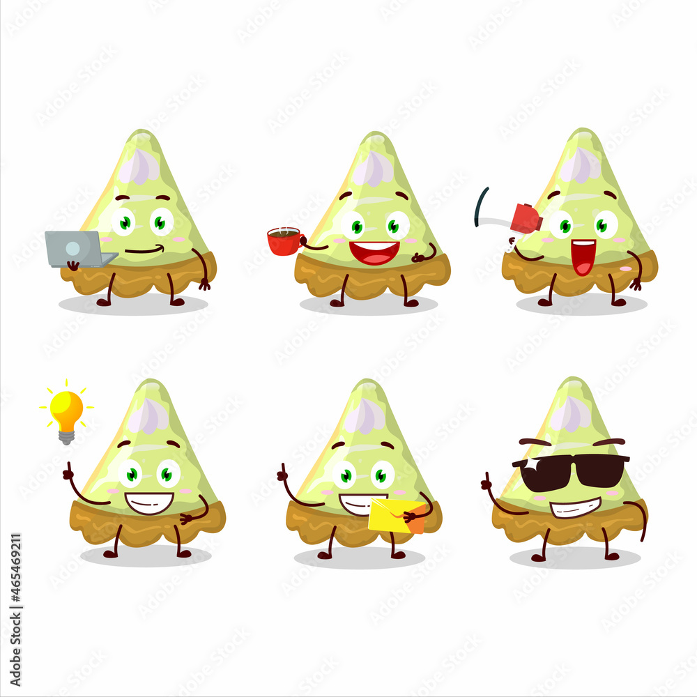 Slice of key lime pie cartoon character with various types of business ...