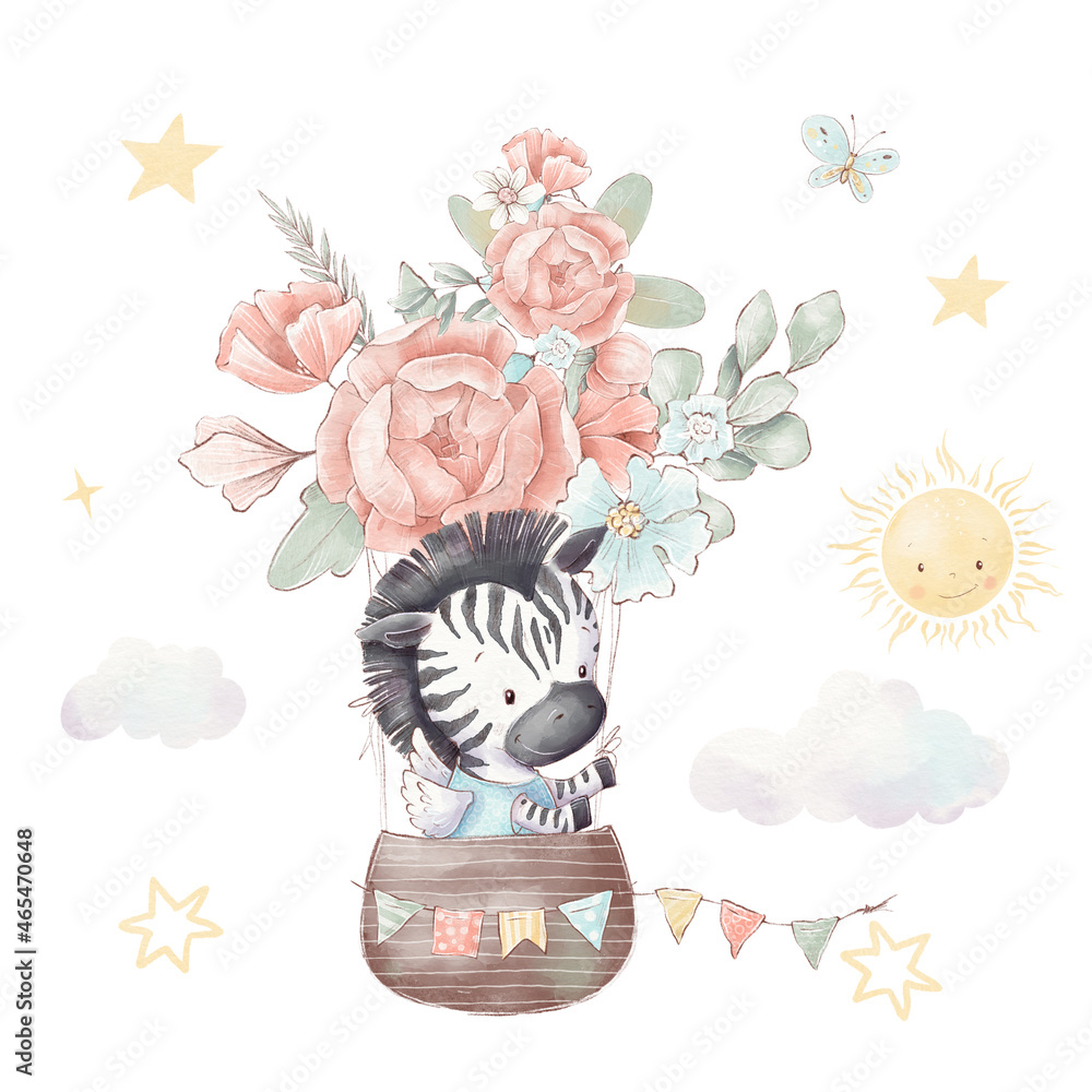 Set of cute cartoon zebra in a hot air balloon. Watercolor illustration ...