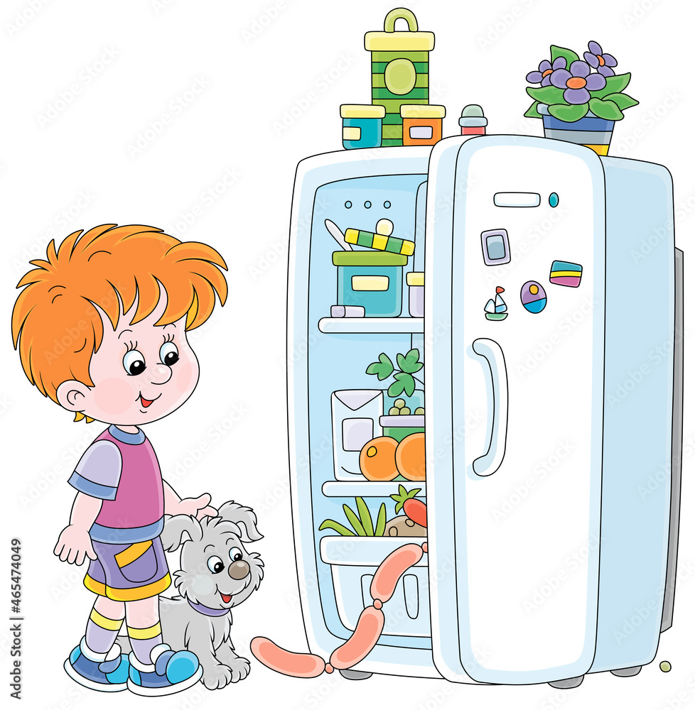 Little boy and his merry puppy looking curiously into a home fridge ...