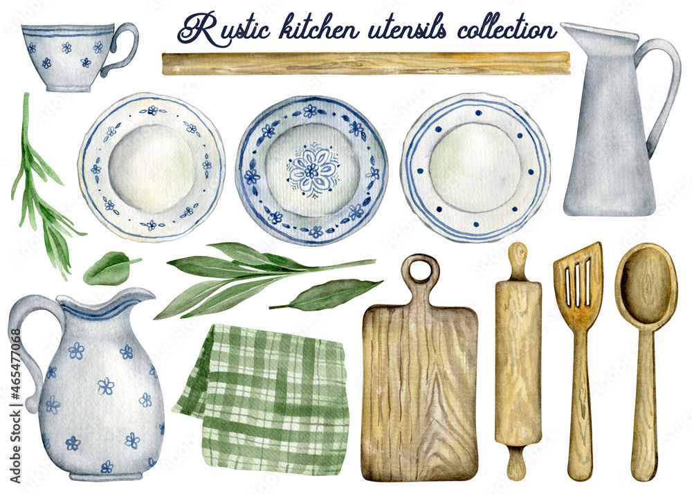 ภาพประกอบสต็อก Collection watercolor hand drawn rustic kitchen utensil ...