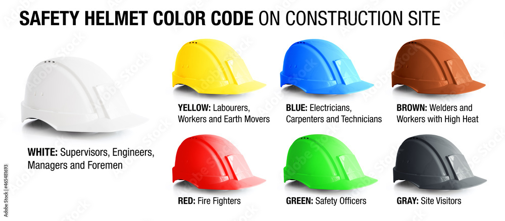 Safety Helmet Color Code On Construction Site Hard Hats With Labels In 