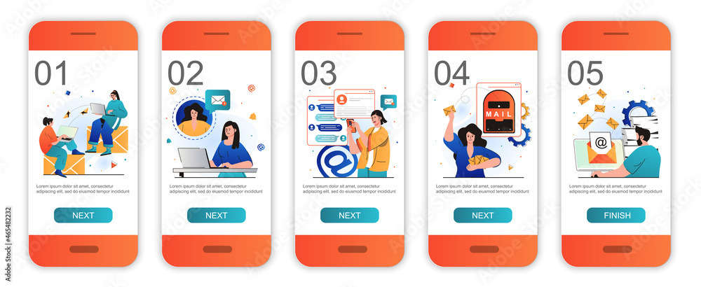 Email service concept onboarding screens for mobile app templates ...