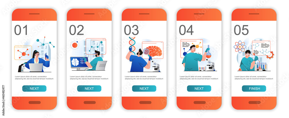Science research concept onboarding screens for mobile app templates ...