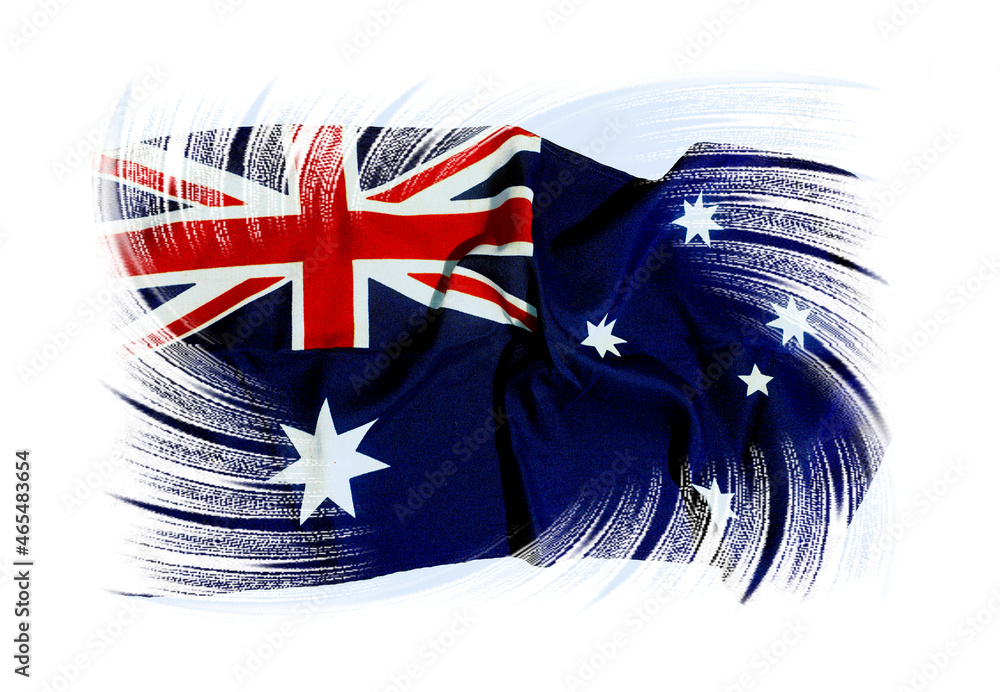Australian flag in red white and blue with a swirl effect on a white ...