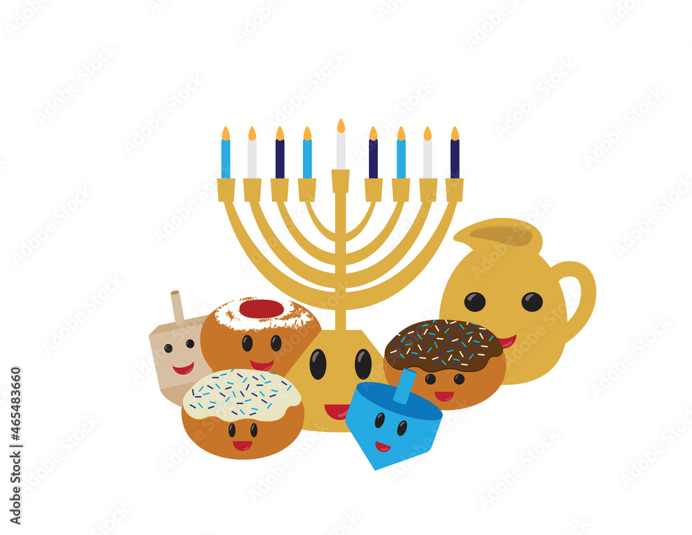 Cute Hanukkah symbols with smiling face, Hanukkah cartoon characters on ...
