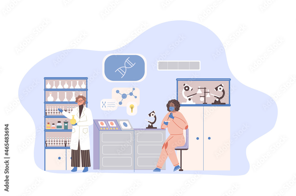 Science researching lab with scientists working use chemical equipment ...