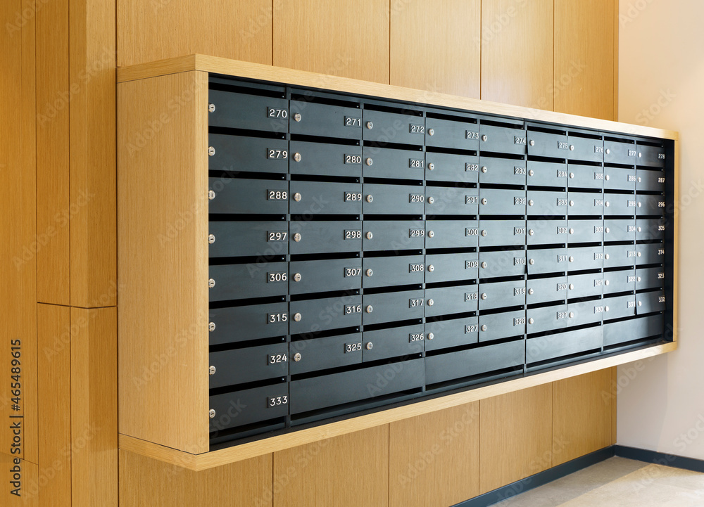 Mailboxes for letters and correspondence. Modern black mailboxes with ...