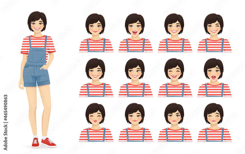 Young asian beautiful woman with different facial expressions set ...