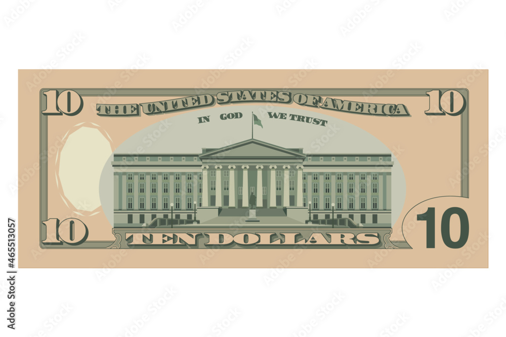 Ten dollar bill, 10 US dollars banknote, reverse side. Simplified ...