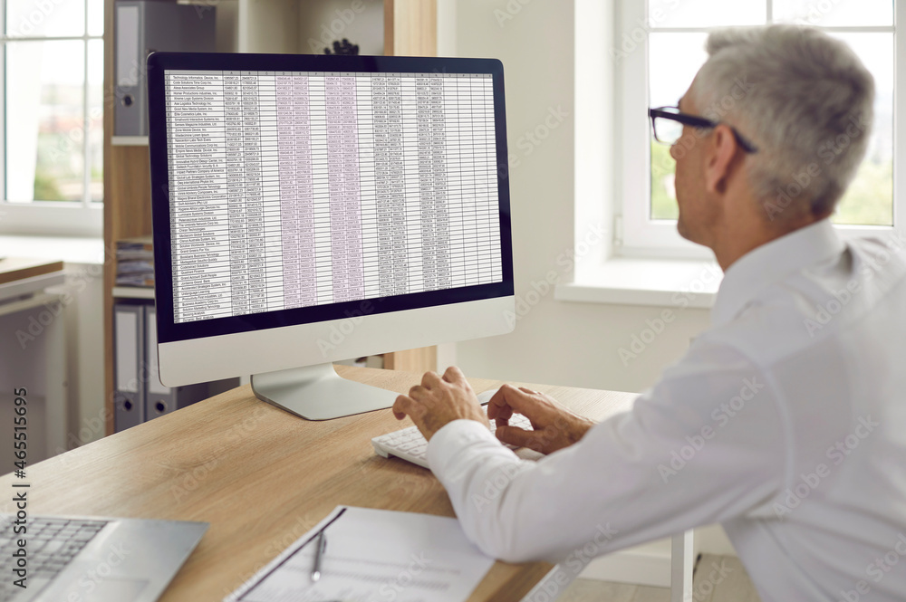 Over shoulder view of man employee work on computer in office with ...