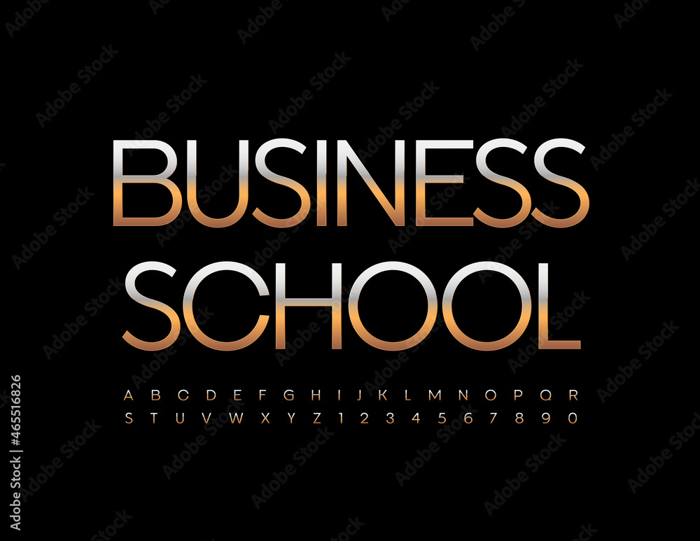 Vector concept banner Business School. Gold metal Font. Modern Alphabet ...