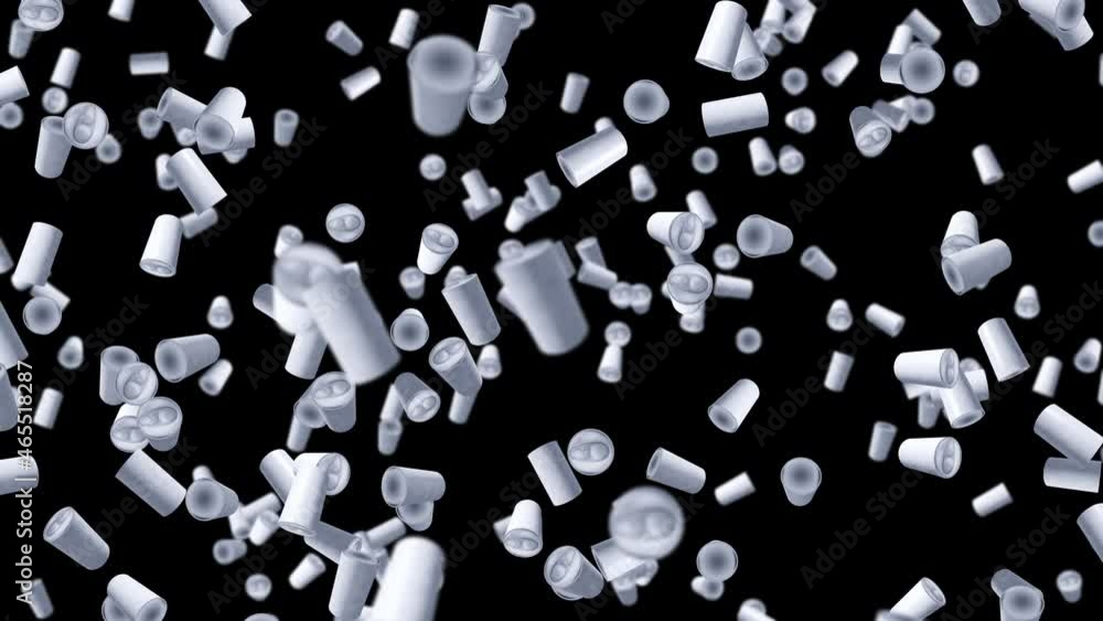 Many cans floating in air on black background. No label beverage cans ...