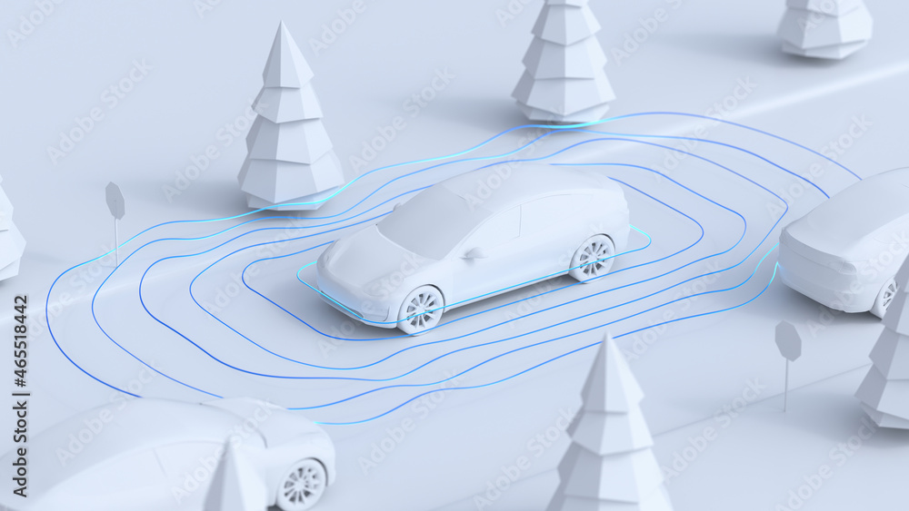 Self driving electric car with radar waves avoiding other cars and road ...