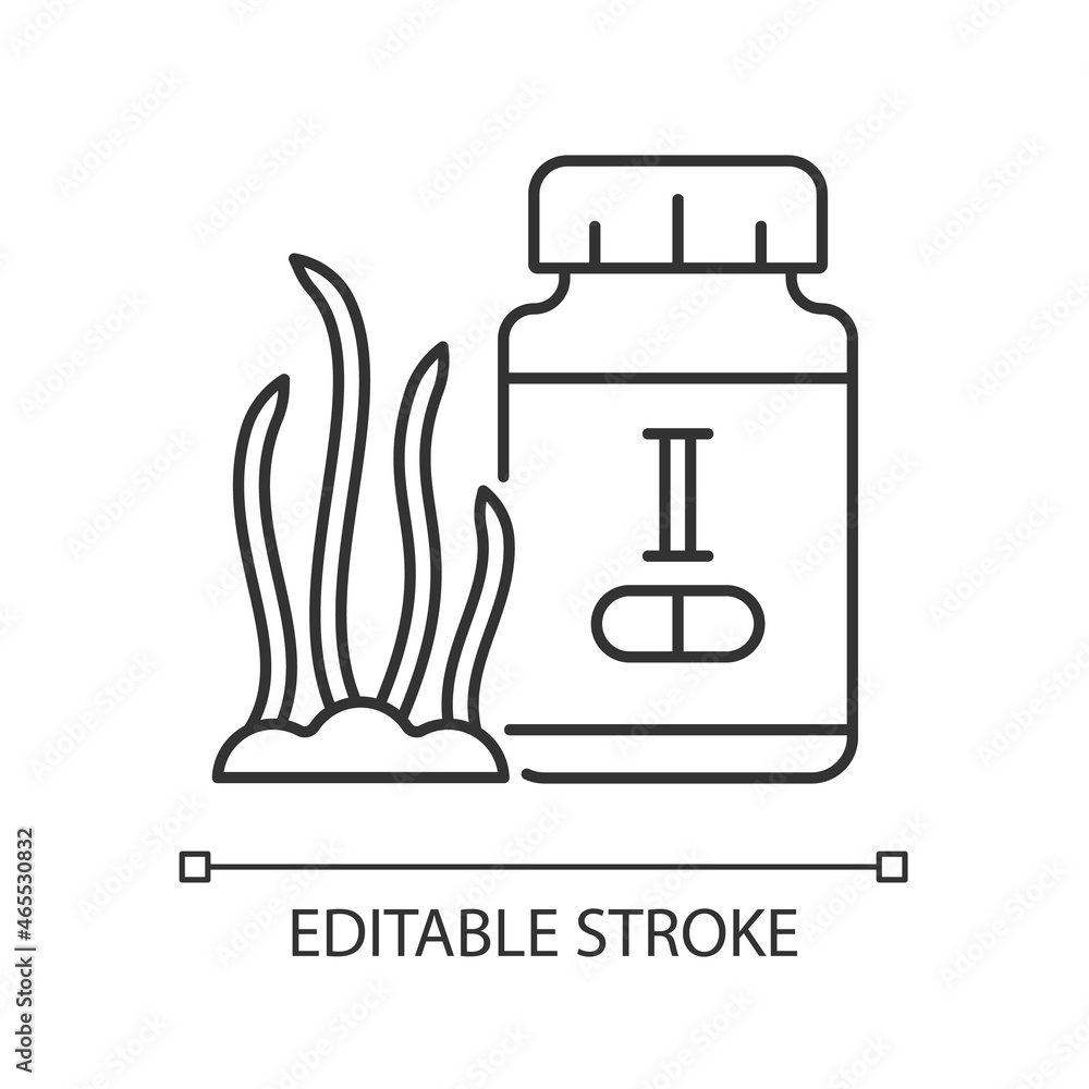 Iodine supplements linear icon. Iodine deficiency prevention. Seafood ...