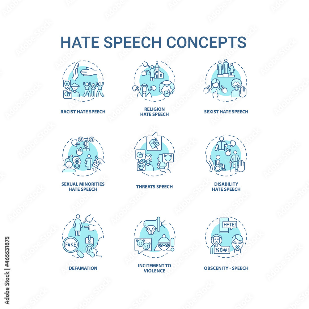 Hate speech blue concept icons set. Aggression towards person and group ...