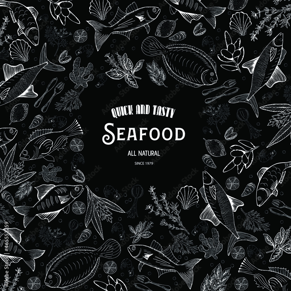 Vector illustration sketch - fish marketCard menu seafood. vintage ...