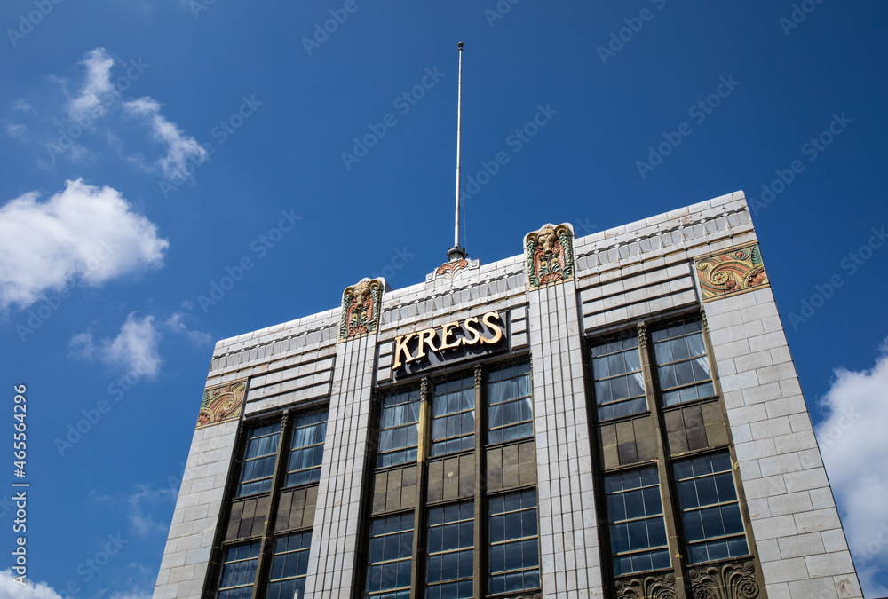GREENSBORO, NC, USA - 7 SEP 2021 - Upward view of the Kress Building on ...