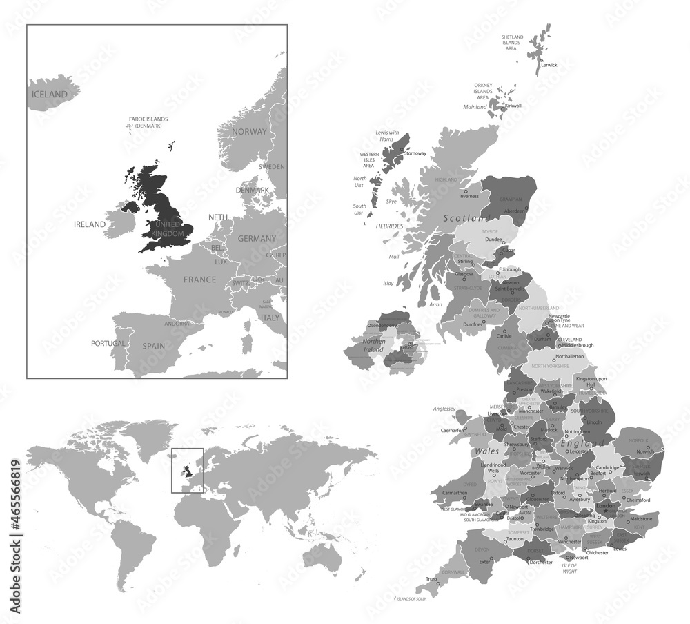 United Kingdom - highly detailed black and white map. Stock Vector ...