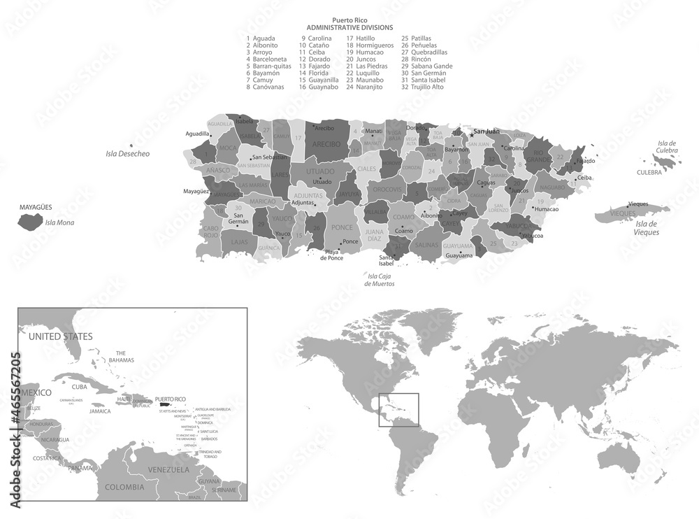 Puerto Rico - highly detailed black and white map. Stock Vector | Adobe ...