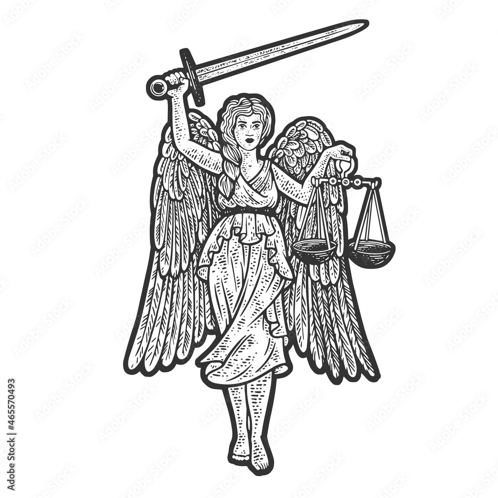 Lady Justice Ancient Roman goddess sketch engraving vector illustration ...