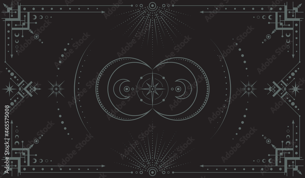 Vector mystical dark boho background with ornate outline geometric ...
