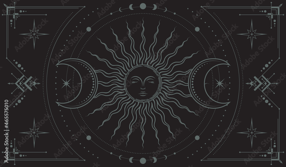 Vector mystical boho background with ornate outline geometric frame ...