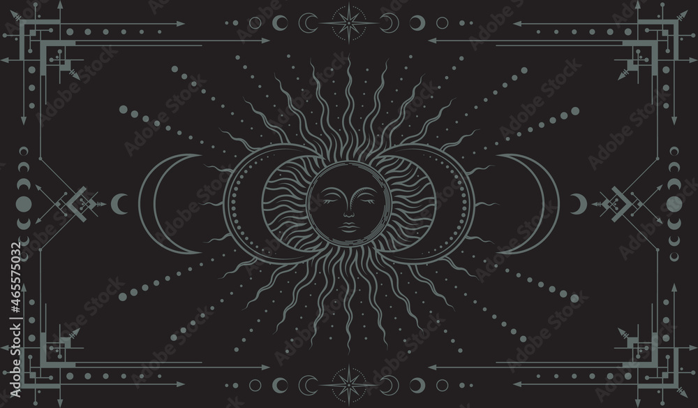 Vector mystical boho background with ornate outline geometric frame ...