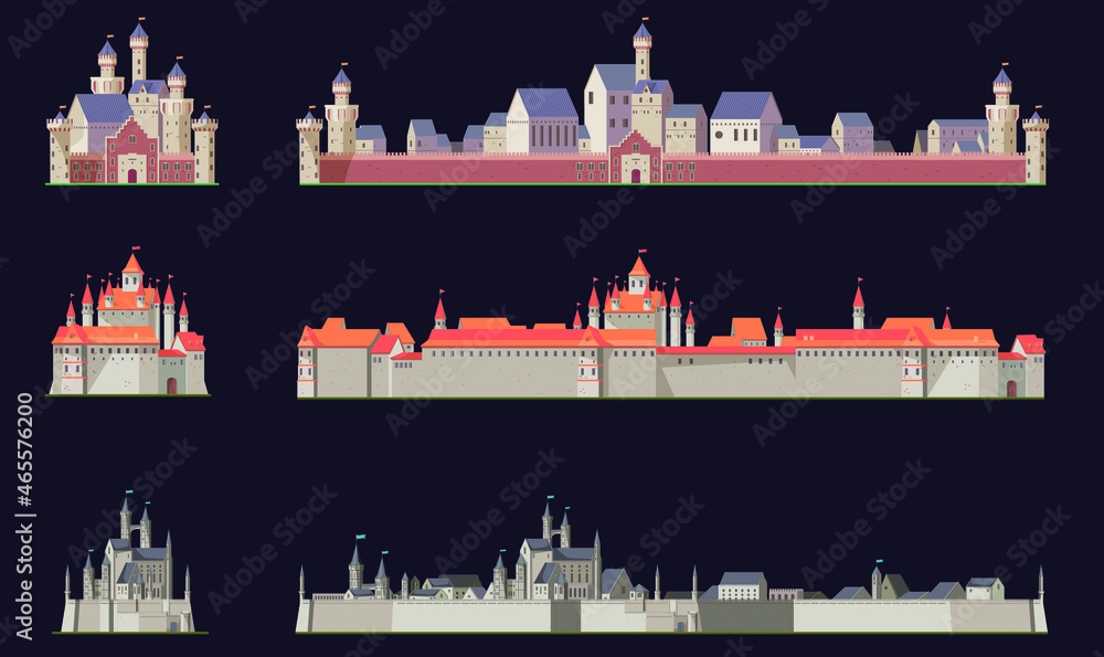 Vector flat illustration of three medieval castles and cities Stock ...