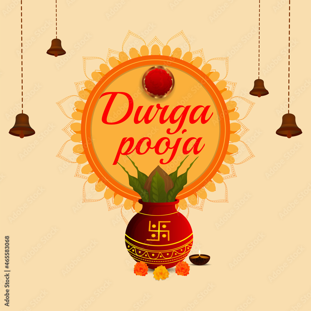 Durga pooja celebration flat design concept with traditional kalash ...