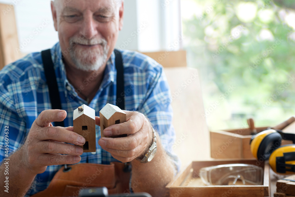 Caucasian craftsman smiled proudly at the woodwork in his hand, DIY ...