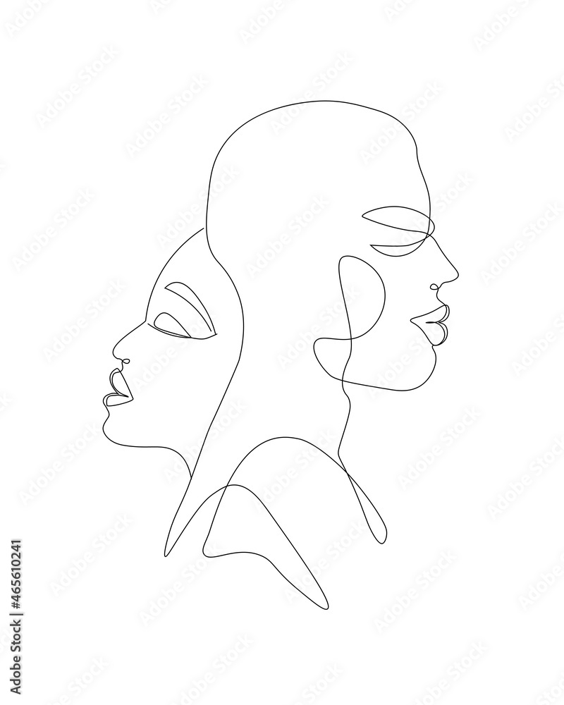 Silhouettes of a couple in profile. A man and a woman look in different ...