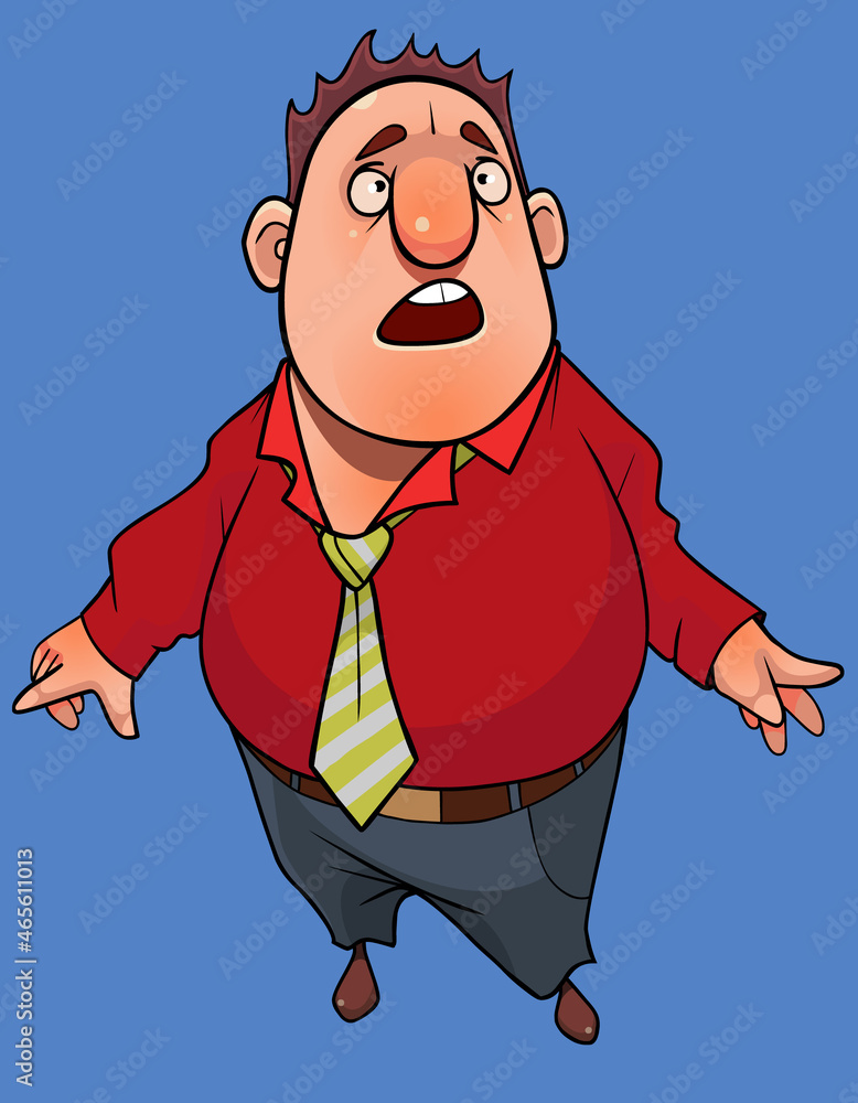 cartoon fat man stands with and looks in surprise with his mouth open ...