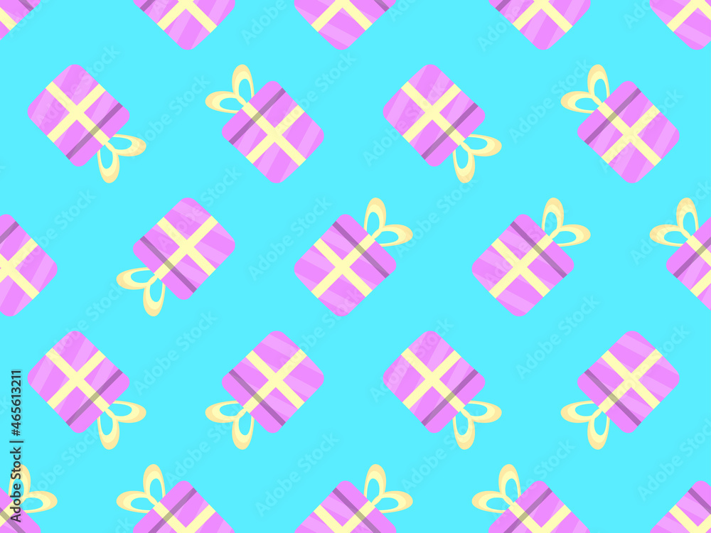 Seamless pattern with pink gift boxes with yellow ribbon on a blue ...