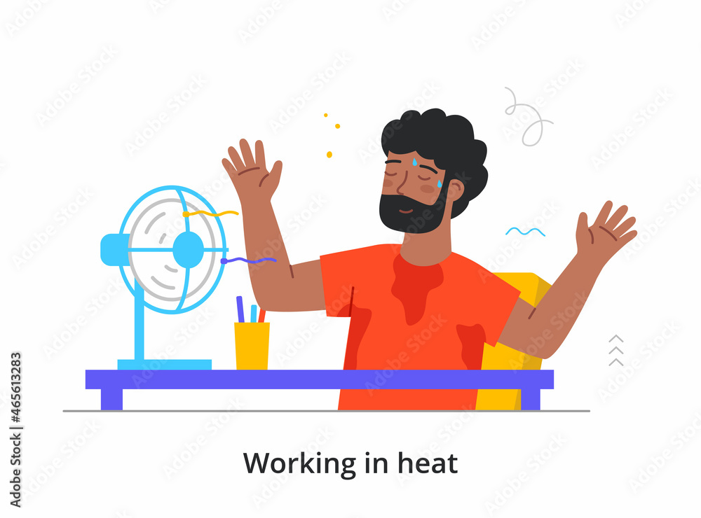 Man works in heat concept. Tired, sweaty man sitting at his workplace ...