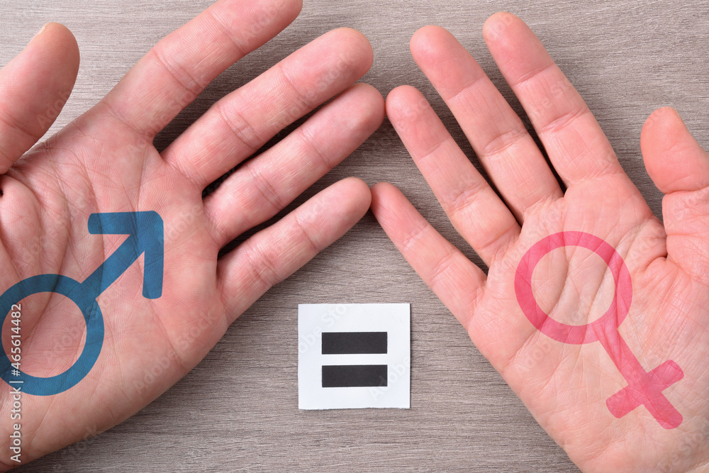 Man and woman hand with gender symbols equality concept Stock Photo ...