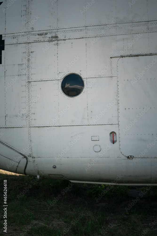 Old helicopter. Hull, chassis and propellers of an old helicopter ...