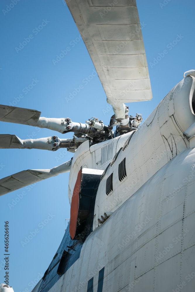Old helicopter. Hull, chassis and propellers of an old helicopter ...