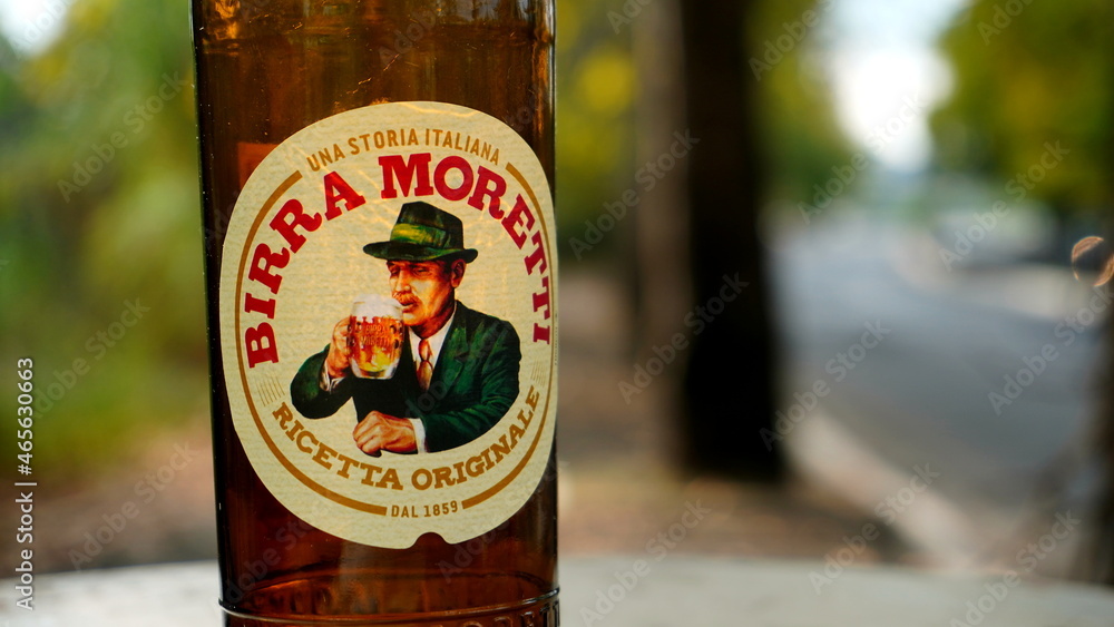 Rome, Italy: October 20, 2018: Label of Moretti beer on a wall with a ...