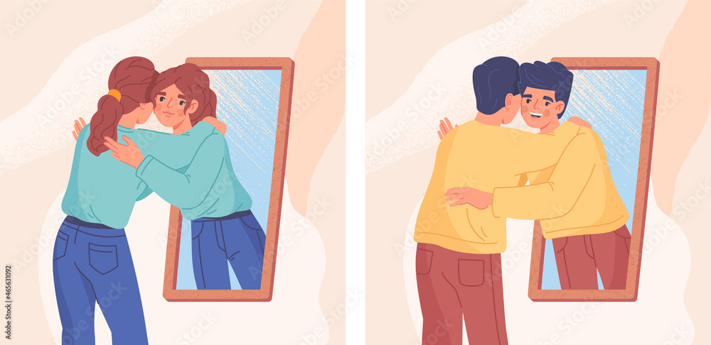 Self love concept. Man and woman stand in front of mirror and hug their ...