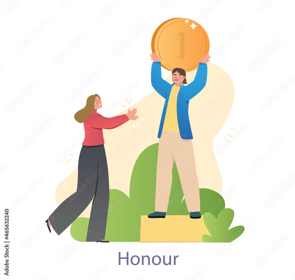 Honorary award concept. Man stands on pedestal and holds winner gold ...