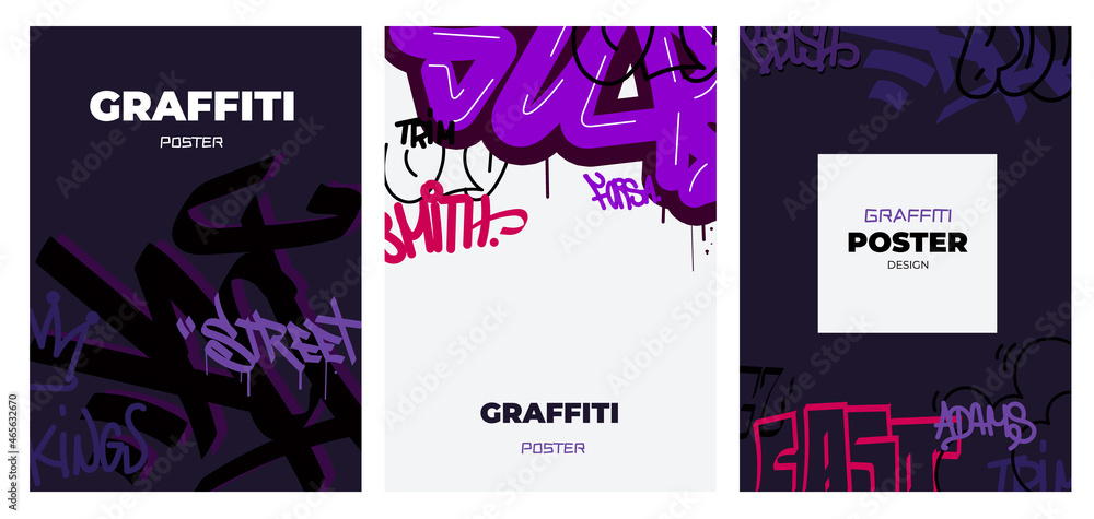Abstract graffiti poster set. Modern art with street inscriptions, line ...